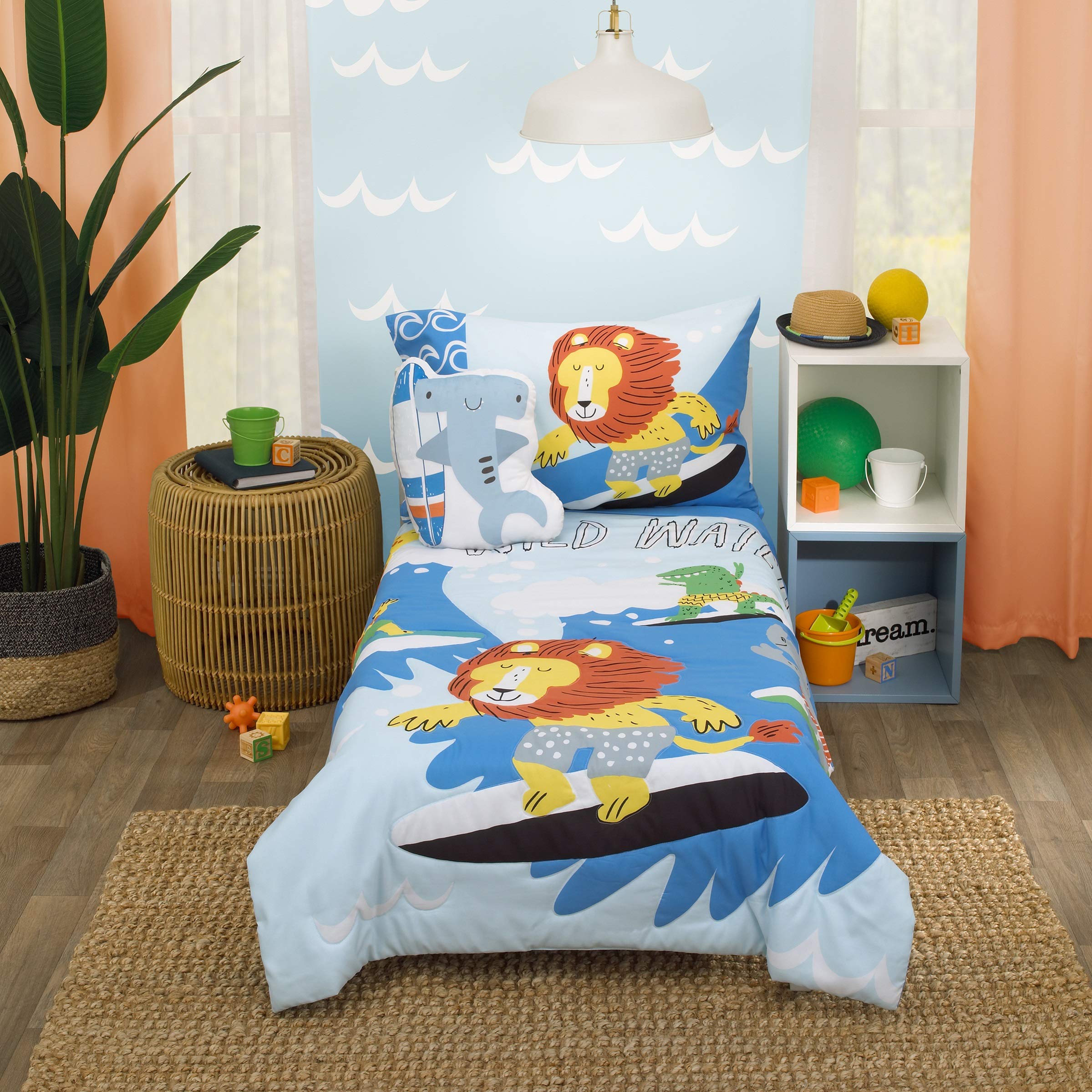 Everything Kids Little Dude Adventure Blue & White Shark with Surfboard Decorative Pillow, Blue, Orange, White (8767721P)