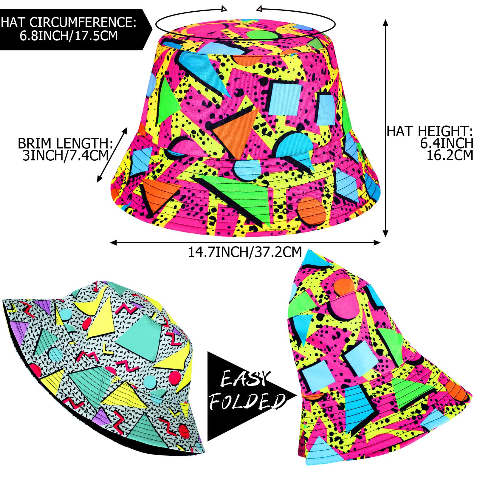 2 Pack Retro 80s 90s Bucket Hat for Women Men Vintage Print Fisherman Neon Nylon Hat Reversible Packable Travel Cap (Fresh Style)