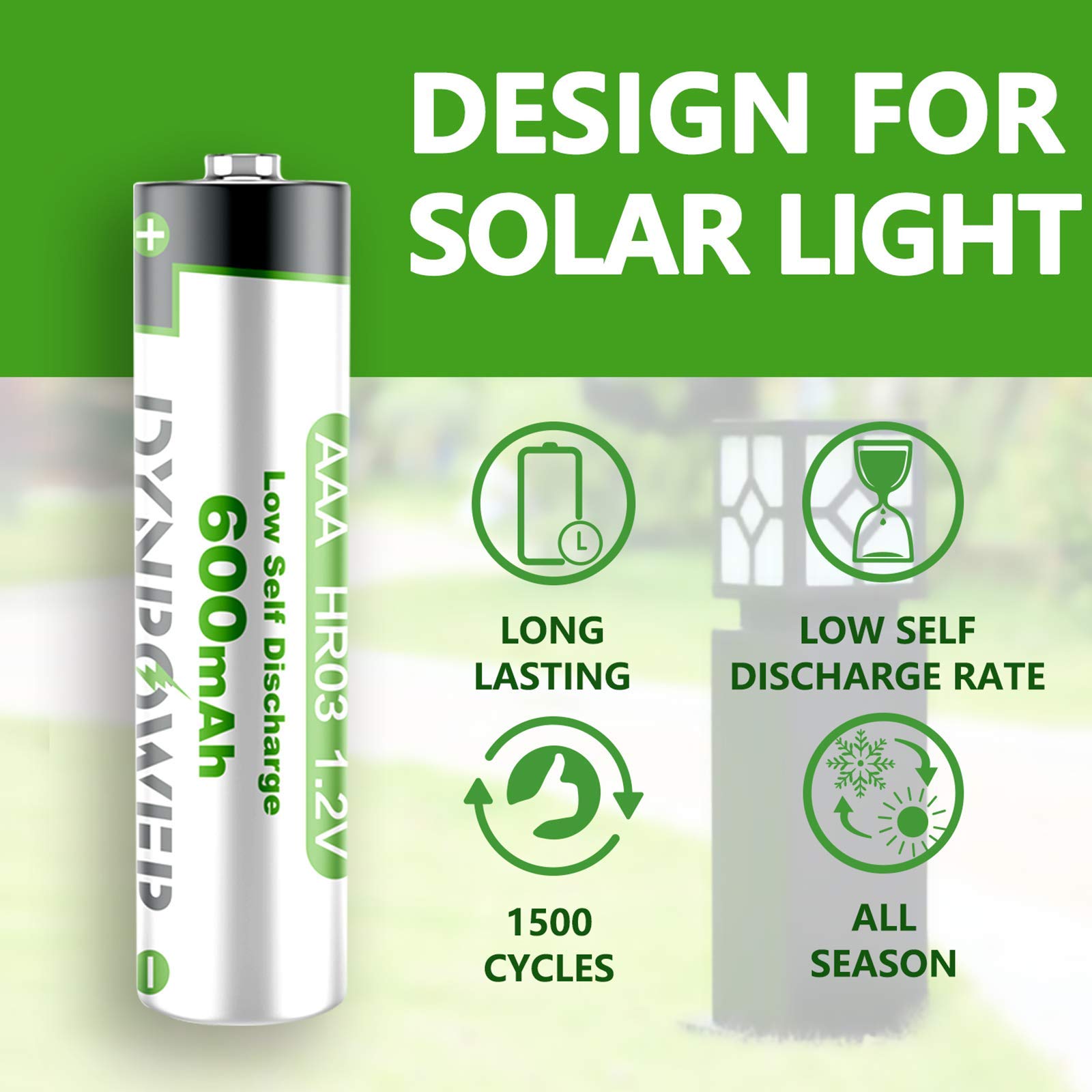 Dynpower NiMH AAA 600mAh Rechargeable Batteries 1.2V,Pre-Charged Triple A for Outdoor Solar Lights Garden Light and Household Devices, (Pack of 12)