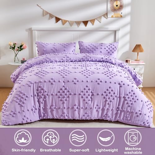 3-Piece Queen Size Kids Bedding Set for Girls Purple Boho Tufted Dots Jacquard Pom Pom Tufts Embroidery Bed-in-a-Bag Bohemian Kids Comforter Set for Boys with Comforter, 2 Pillowcase