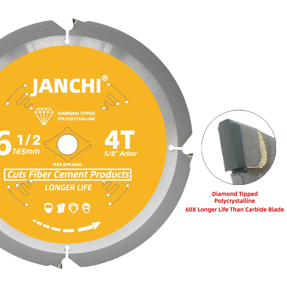 6-1/2 Inch 4T PCD Tip Hardie Fiber Cement Circular Saw Blade with 5/8-Inch DMK Arbor, Polycrystalline Diamond Tipped Teeth Saw Blade for Laminate Flooring