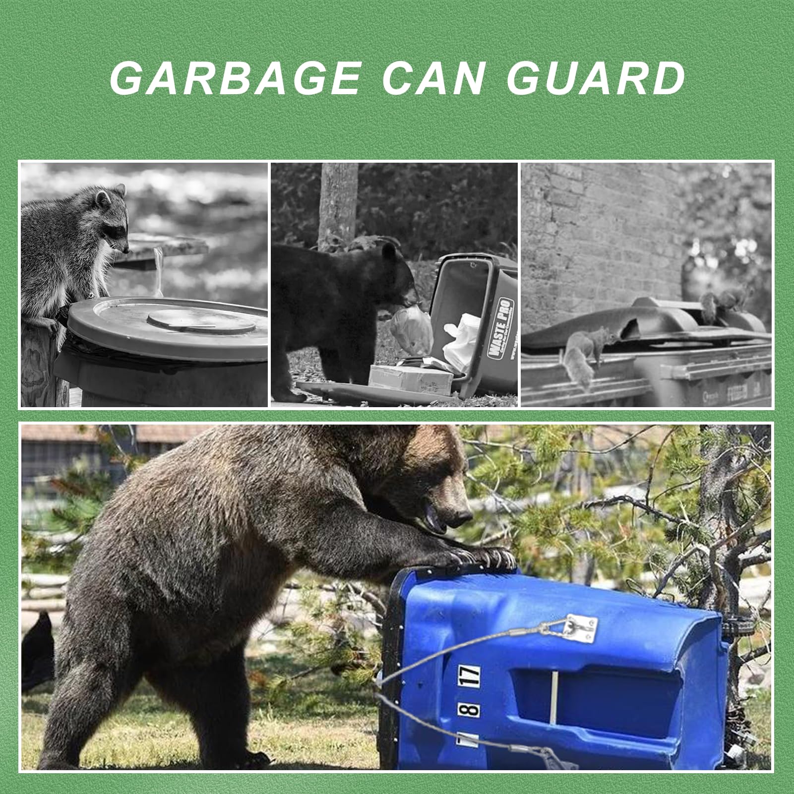 2 in 1 Trash Can Lock,Bear Proof Trash Can Lid Lock,Outdoor Garbage Trash Can Locks for Animals Raccoons with Two Durable Stainless Steel Wire Ropes,Garbage Bin Guard,One-Handed Operation (Black)