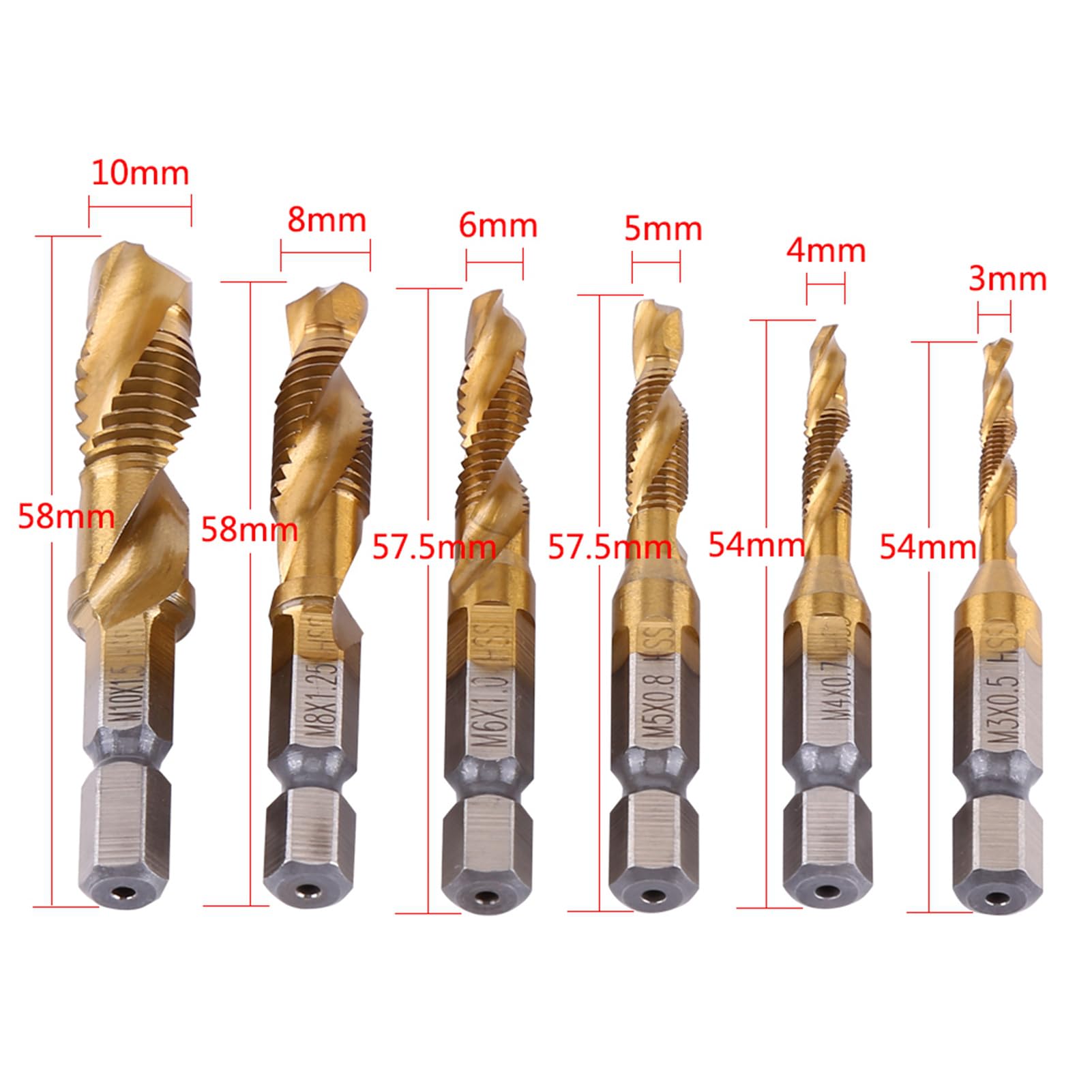 6Pcs 1/4" Hex Shank Screw Tap,M3-M10 Hss Spiral Thread Drill Bits, Coated Composite Drilling Screw Tapping Bits Tool Set Kit