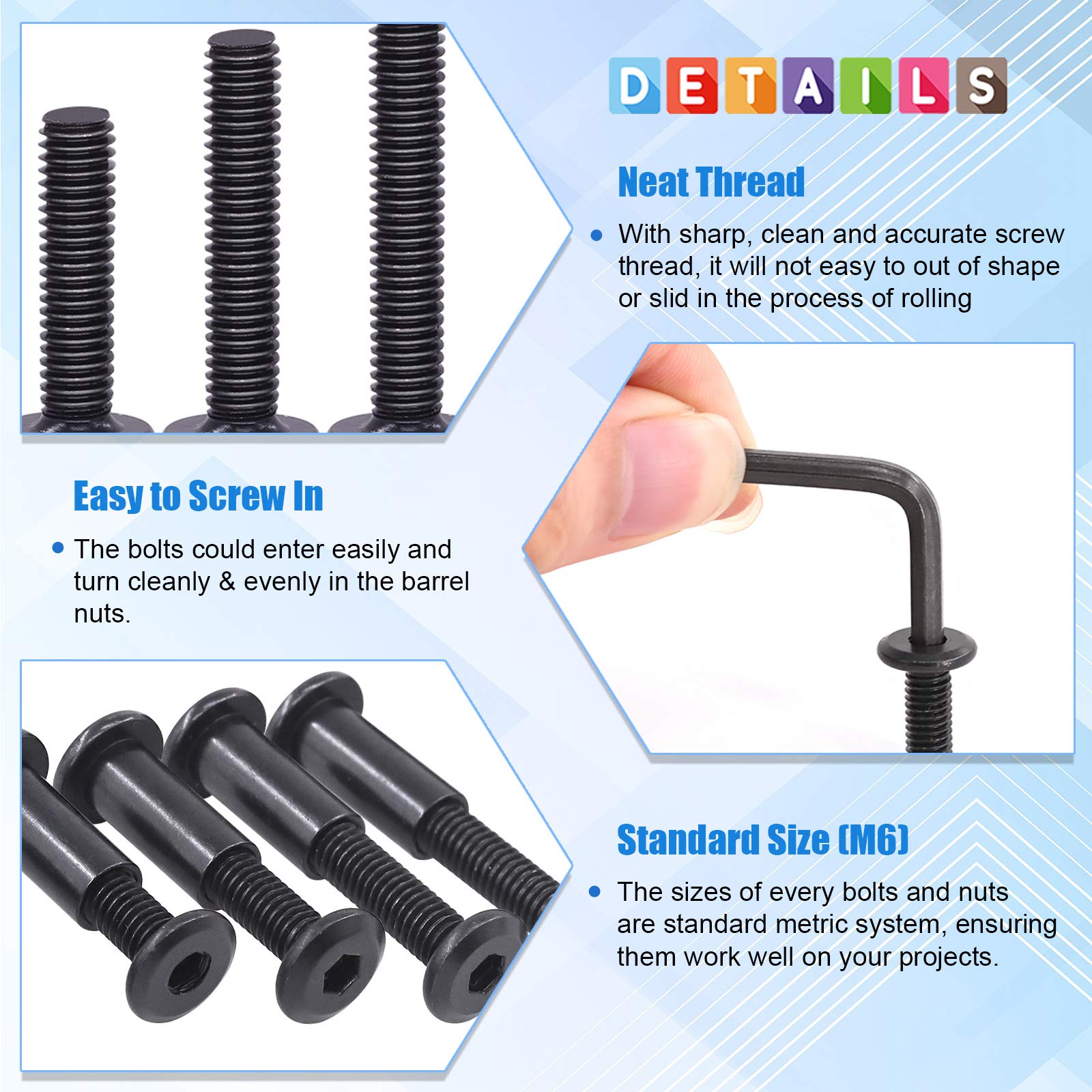 Glarks 85Pcs M6x20/ 30/40/ 50/60/ 70/ 80mm Black Hex Drive Socket Cap Bolts Kit, Allen Head Countsunk Furniture Crib Bolts Nuts Screws for Chair Table Cabinets