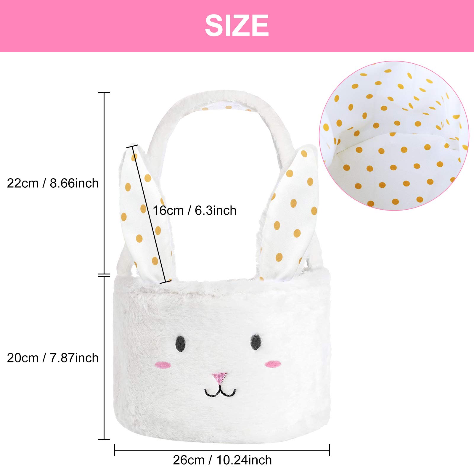 Evoio Easter Basket for Kids Toddler Girls Boys, Fluffy Bunny Bucket Bag with Handle Bunny Face and Foldable Ears Perfect for Easter Eggs Hunt Event, Easter Gifts Bunny Easter Eggs Basket Bags