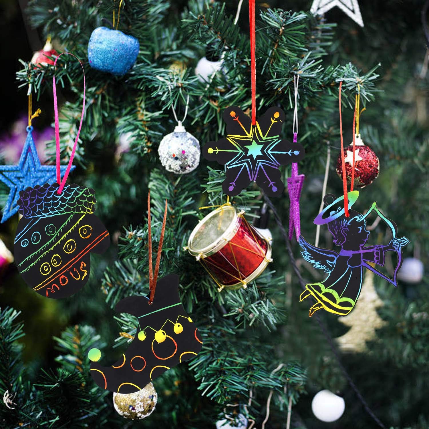 ACEHOOD 48 Sets Christmas Rainbow Scratch Paper Ornaments Kids Art Craft DIY Xmas Ornaments Christmas Party Decorations for Kids
