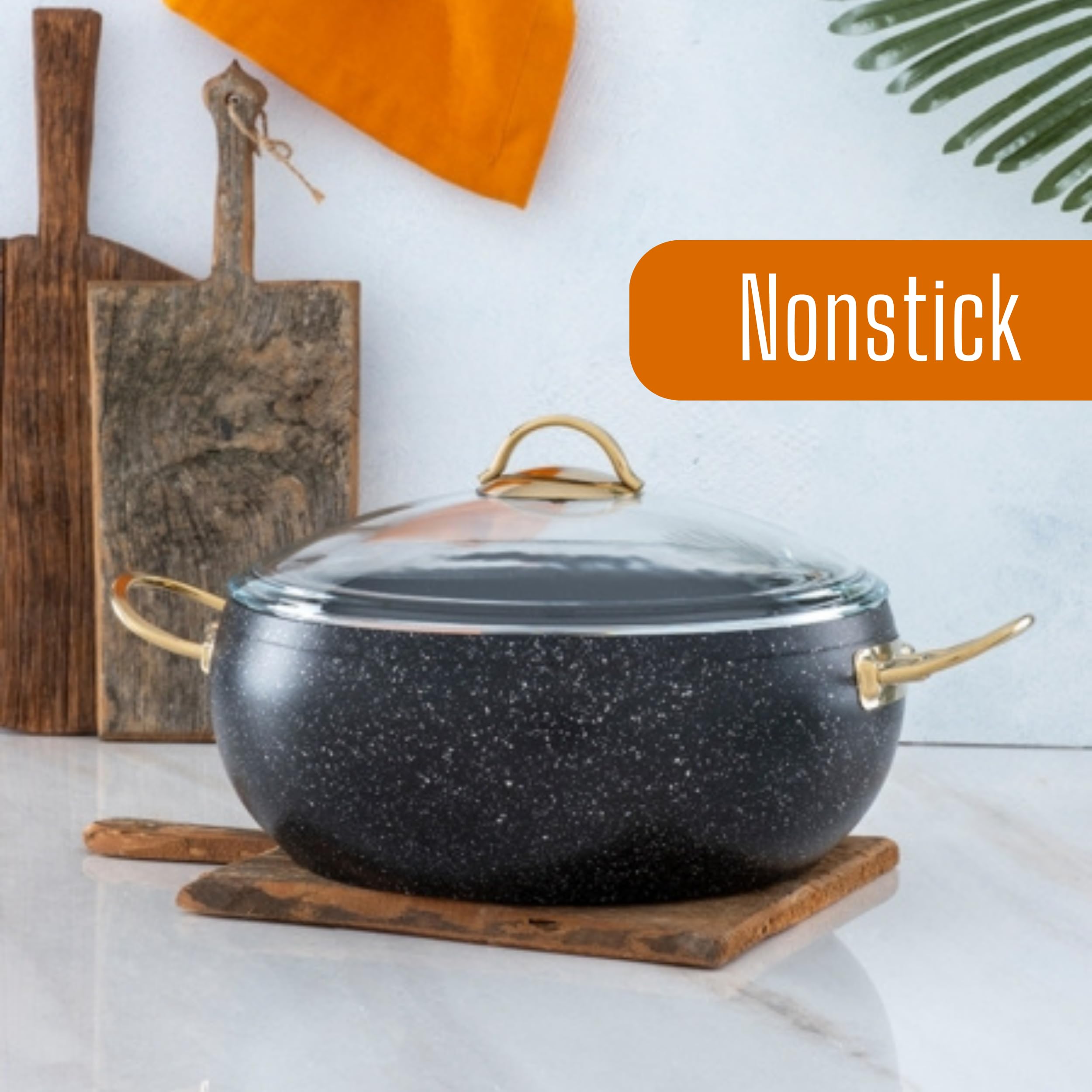 Acar Nostalgia Black Deep Pot, Nonstick Pasta Pot/Stockpot/Stock Pot with Glass Lid, Pots and Pans, Dishwasher Safe Black, Stainless Stylish Handles. Four Different Size Nonstick Pot (24 cm)