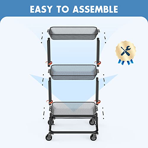 7 Tier Rolling Utility Carts, Mesh Storage Rack with Lockable Wheels, Rolling Storage Cart Kitchen Cart Multifunctional Rolling Shelf for Office, Bathroom, Kitchen, Kids' Room, Classroom (Black)