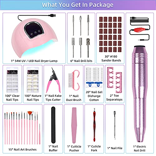 Acrylic Nail Kit with Drill, Nail Supplies with Everything Electric Nail Drill 54W U V LED Nail Light Dryer Lamp Polishing Manicure Pen, False Nail Tips Nail Files Art Brushes Nail Set for Beginner