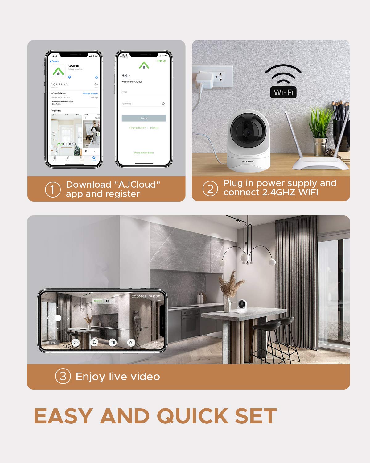 muson WiFi Home Camera for Baby/Pet/Nanny 1080P HD Indoor Wireless Surveillance Camera with Motion Detection, Night Vision, Two-Way Audio, Compatible with Alexa, Compatible with Smartphones, White