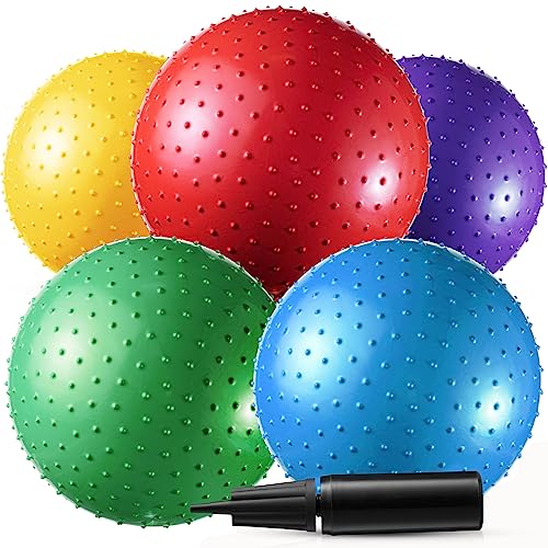 Bedwina Big Knobby Balls - (Pack of 5) 18 Inch Fun Bouncy Balls for Toddlers and Kids – Plus Added Hand Air Pump, Great for Tactile Sensory Balls, Spiky Stress Ball, Fidget Toys, and Party Favors