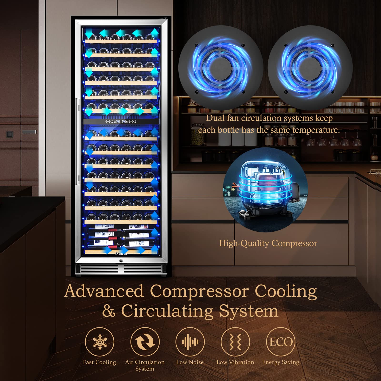 AAOBOSI 24 Inch Wine Cooler Dual Zone, 154 Bottles Wine Refrigerator Built in or Freestanding Wine Fridge 40ยฐF-65ยฐF with Intelligent Temperature Control-Memory Function-Powerful Compressor-Quiet