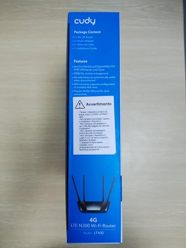 Cudy N300 WiFi Unlocked 4G LTE Modem Router with SIM Card Slot, 300Mbps WiFi, LTE Cat4, EC25-AFX Qualcomm Chipset, 5dBi High Gain Antennas, FDD, DDNS, VPN, Cloudflare, Plug and Play, LT400