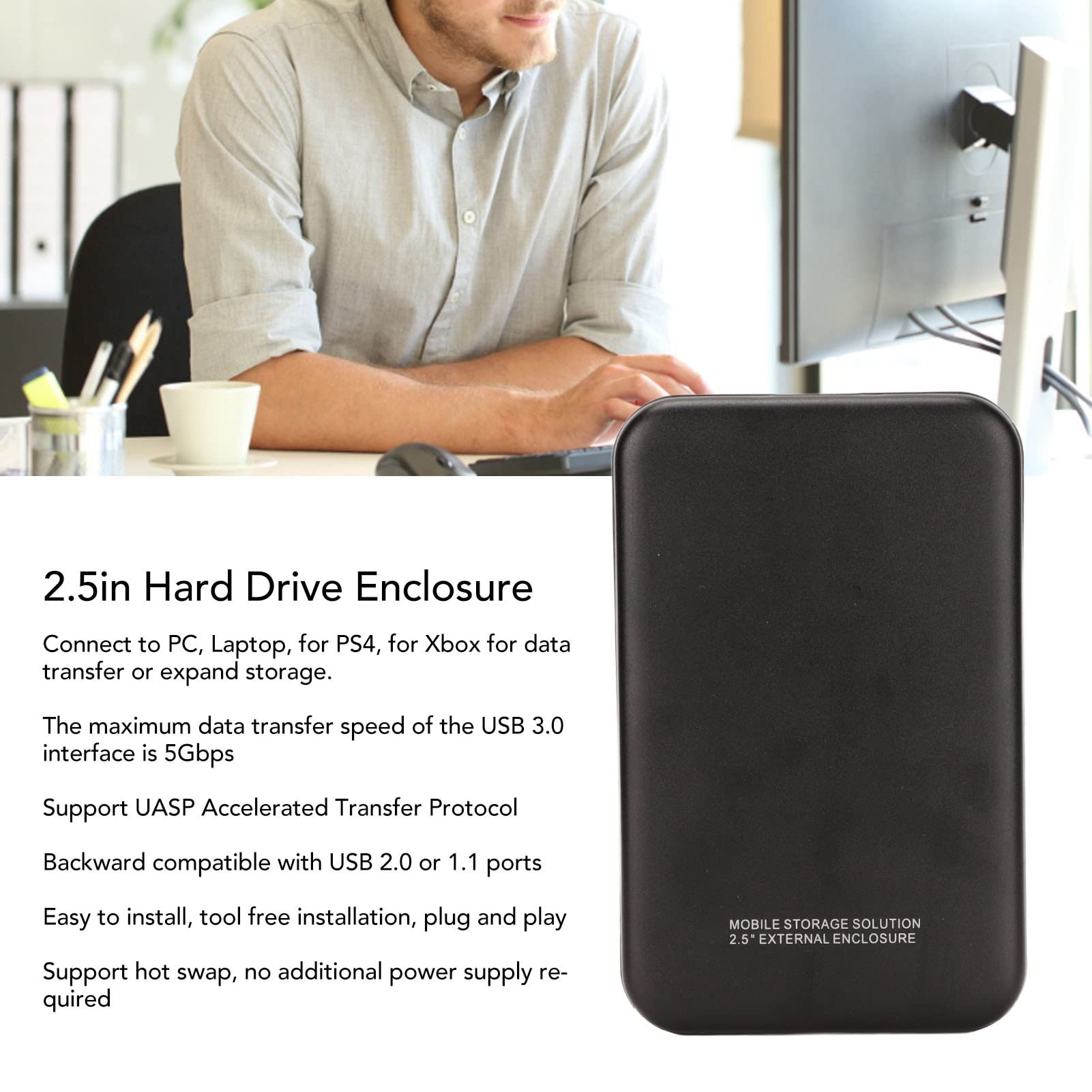 2.5in Hard Drive Enclosure, Enclosure SATA to USB 3.0 Adapter, Plug and Play Black Computer Hard Drive Enclosure with UASP