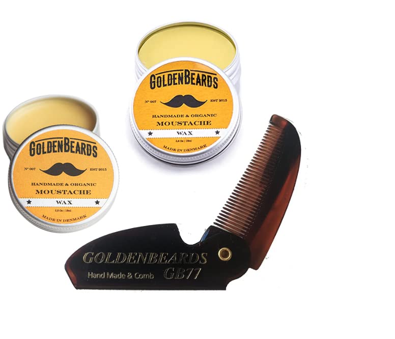 2 Mustache Wax Kit | Beard Wax for men strong hold | Moustache Wax for Men | Organic Mustache Care | Unscented Moustache Wax Neutral with Folding Comb - Set of Two 0,5 Oz Waxes |