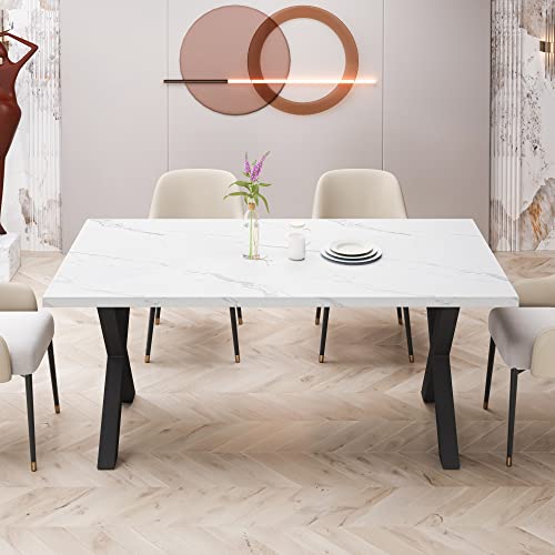 70.87" Faux Marble Dining Table, Modern Rectangular Dining Table with Printed Marble Table Top and X-Shape Stainless Steel Table Leg/Metal Base for Kitchen & Dining Room(White Top+ Black Legs)