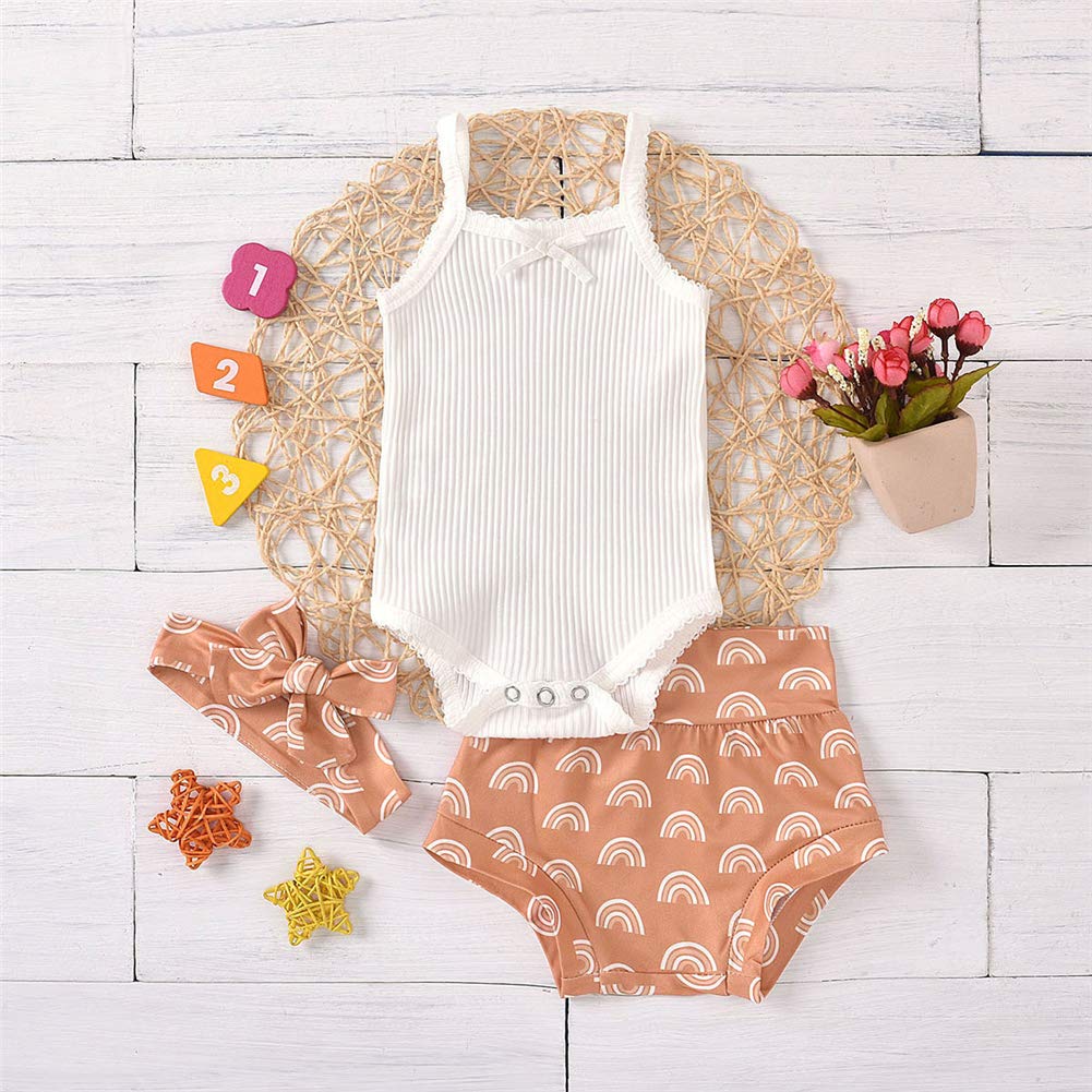 Easisim 3pcs Newborn Infant Baby Girls Shorts Set Cotton Sleeveless Romper Bodysuit Shorts Headband Outfit Set (White rainbow, 0-3 Months)