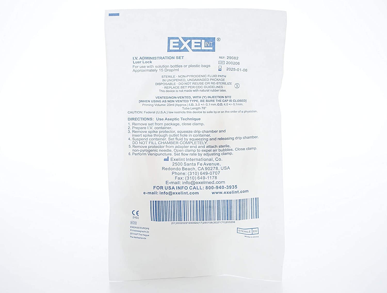 Exelint 29082 IV Administration Set, 15 Drops/mL, Luer-Lock, Y-Injection Site, 78" Tubing (50 Count)