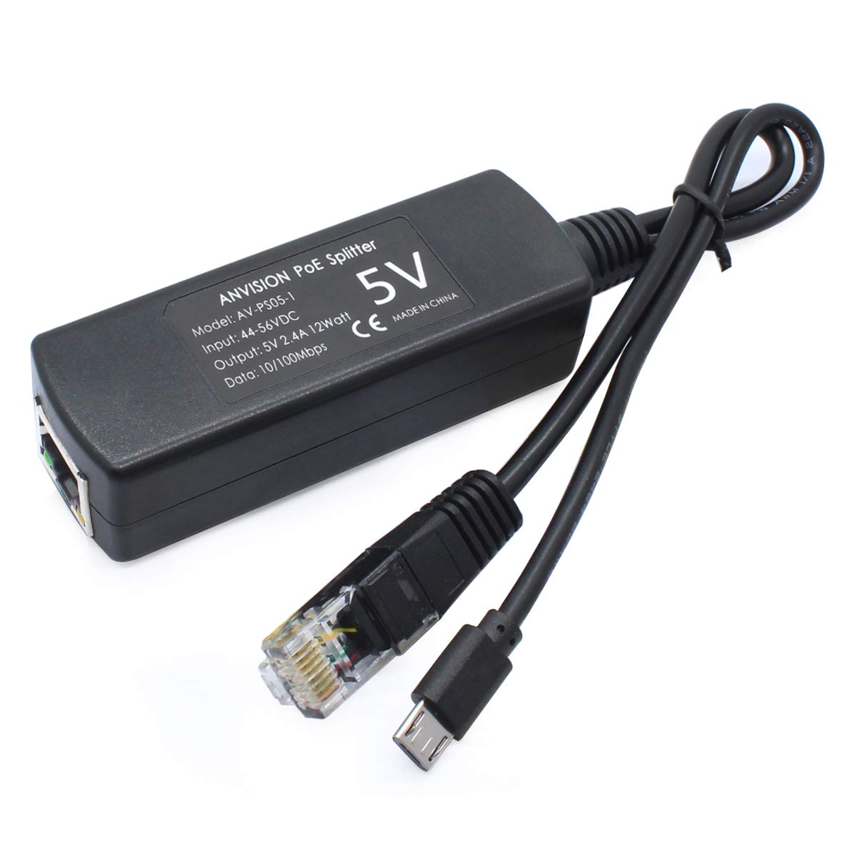 ANVISION 2-Pack 5V PoE Splitter, 48V to 5V 2.4A Adapter with Micro USB Plug, IEEE 802.3af Compliant, for IP Camera, Tablets, Dropcam or Raspberry Pi and More, AV-PS05-1