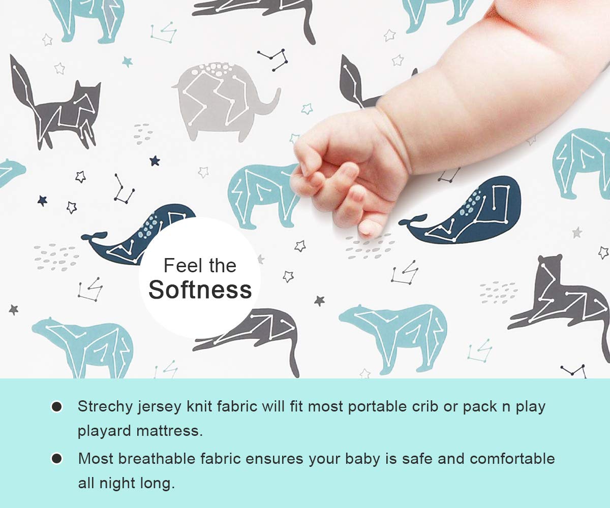 Pack n Play Sheets, BROLEX 2 Pack Mini Crib Sheets,Stretchy Portable Fitted Playard Sheet Set, Convertible Playard Mattress Cover,Ultra Soft Breathable Material,Space Planet