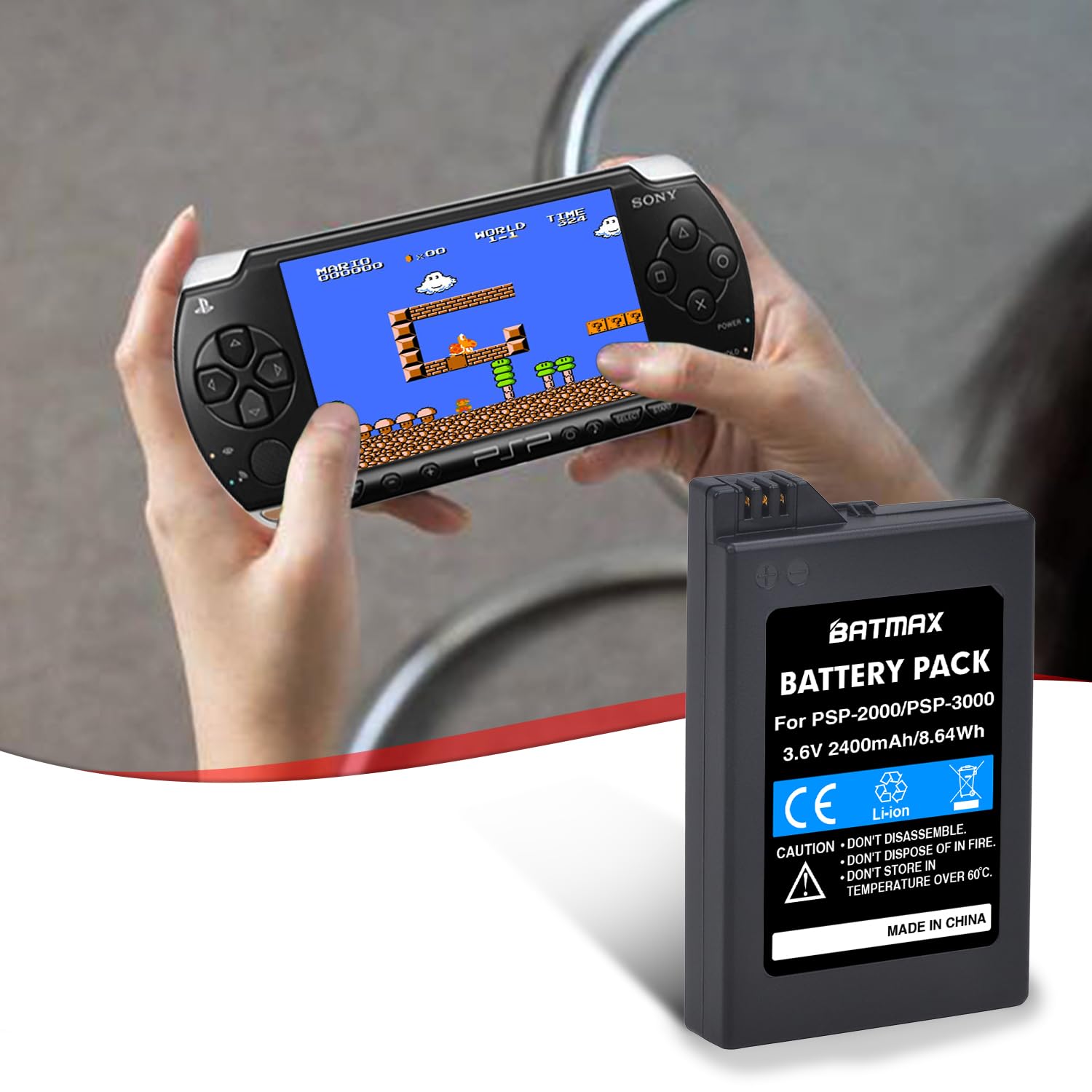 Batmax 2Pcs 2400mAh PSP-2000 Battery + LED Dual USB Charger with Type C Port for Sony PSP 2000 PSP 3000 PSP-2001 PSP-3001 PSP-3004 PSP-S110 PSP Lite PSP Slim Console