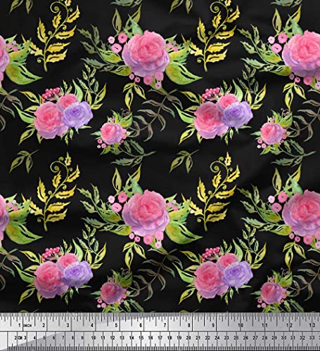 Soimoi Black Cotton Canvas Fabric Leaves & Rose Floral Print Fabric by The Yard 44 Inch Wide