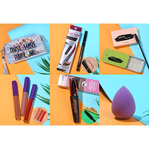All in One Makeup Set For Women Full Kit - 12 Colors Nude Eyeshadow Palette, Waterproof Black Mascara Eyeliner Pen, 3pcs Matte Liquid Lipstick Set, Eyebrow Soap Gel Kit, 12 pcs Brushes Set Makeup Sponge with Makeup Bag Gift Set