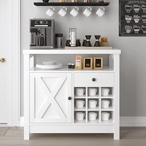 4ever2buy White Coffee Bar Cabinet with Storage, Kitchen Buffet Cabinet with Barn Door, Farmhouse Coffee Bar with Adjustable Shelf, Small Coffee Bar Table with Drawer Open Shelf, Dining Living Room