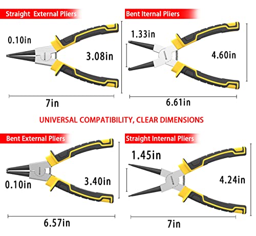 4 PCS Snap Ring Pliers Set Heavy Duty 7-Inch Internal/External Circlip Pliers Kits 5/64" Tip Straight/Bent Jaw for Ring Remover Retaining with Storage Bag
