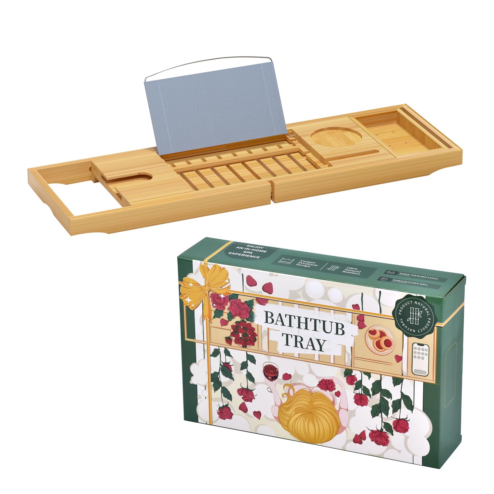 Sen Yi Bao Luxury Bathtub Caddy Tray,Bamboo Bathtub Tray Caddy - Wood Bath Tray Expandable,Can be Placed Book and Integrated Tablet Smartphone and Wine Holder - Gift Idea for Loved Ones