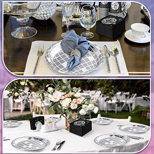 70s Disco Party Supplies Includes 50 Pcs Silver Disco Ball Paper Dinner Plates 50 Pcs Disco Paper Cups 50 Pcs Disco Party Cocktail Napkins for Disco Wedding Party Picnic Travel (Black and Silver)