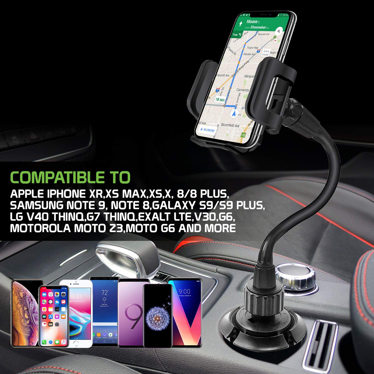 Cup Holder Phone Mount, Goose Neck Hands Free Cradle Compatible with Apple iPhone, Samsung Galaxy Z Flip, Z Fold, Google Pixel, Moto (PH650G)