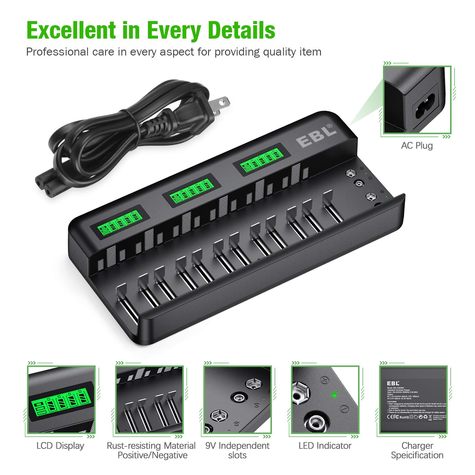 EBL 12+2 Bay LCD Rechargeable Battery Charger for AA AAA C D Ni-MH Ni-CD Rechargeable Batteries & 9V NiMH Ni-CD Li-ion Rechargeable Batteries (AC Power Supply)