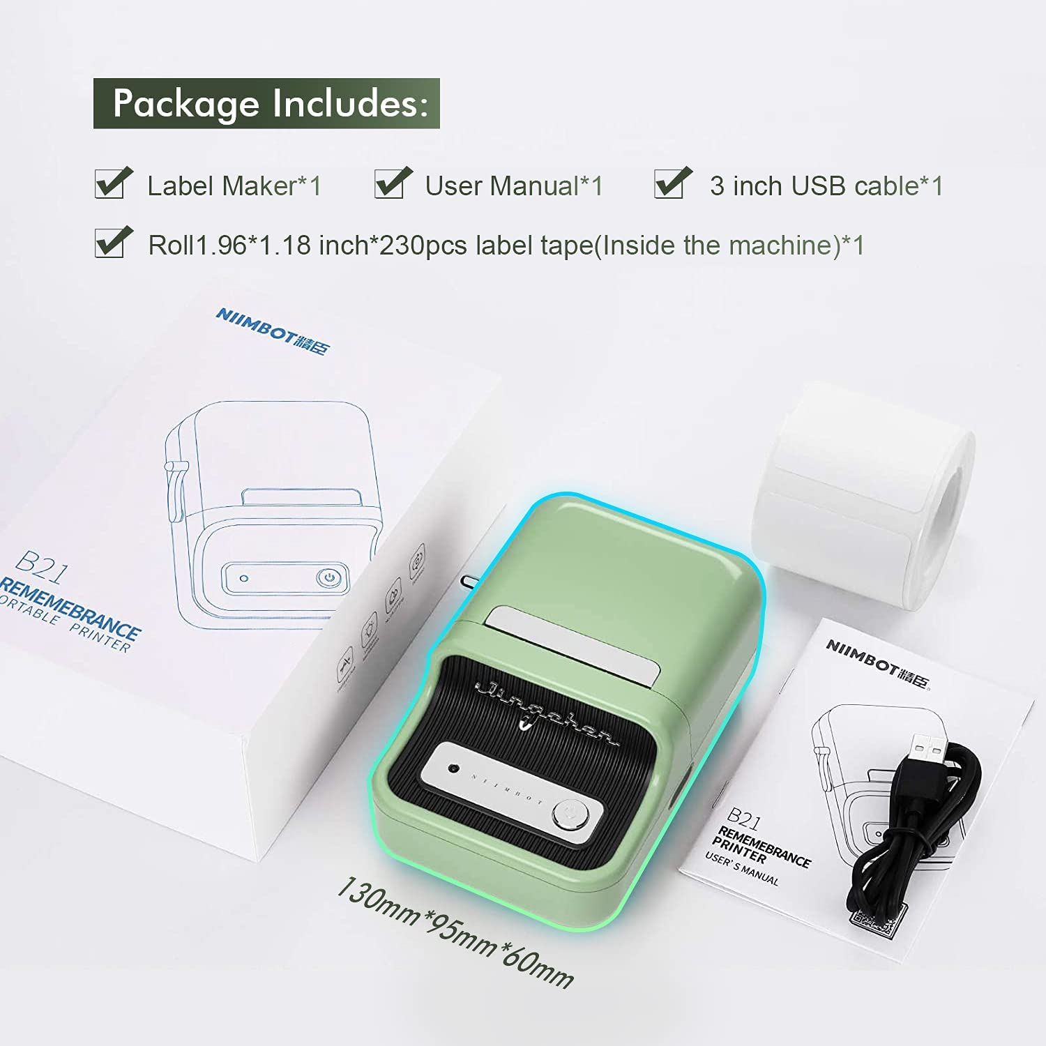 2 Inch Label Printer B21 with 230 Labels, Bluetooth Thermal Labels Maker Small Business Sticker Printers, Suits for All Purpose Labels Barcode Price Text, Compatible with iOS & Android (Green)