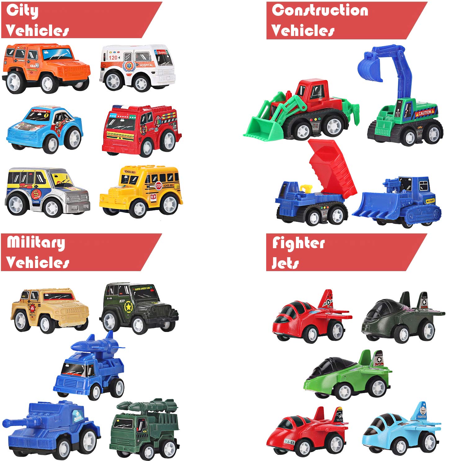 36 PCS Mini Pullback Vehicles Toy Pocket Cars Mega Set for Kids - Pull Back Plastic Miniature Construction Truck, Military Vehicle, Race Car, Fighter Jets Gift Assortment