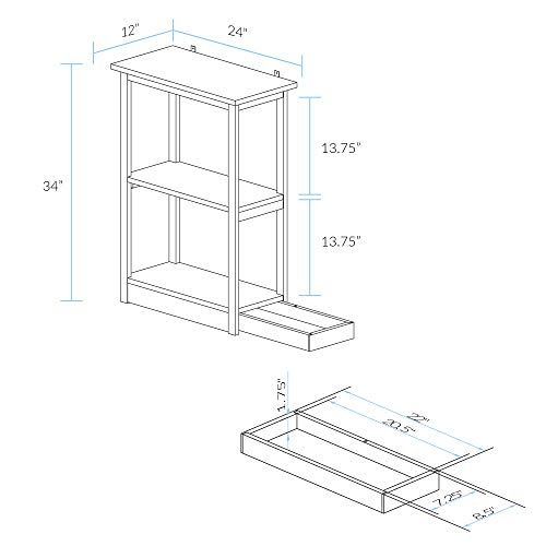 Casual Home Adams Bookcase Sliding Track, Concealment Furniture, White