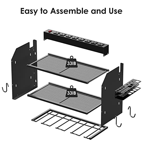 CCCEI Modular Power Tool Organizer Wall Mount with Charging Station. Garage 4 Drill Storage Shelf with Hooks, Screwdriver, Drill Bit Heavy Duty Rack, Tool Battery Holder Built in 8 Outlet Power Strip.