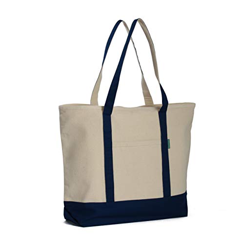 Heavy Duty Cotton Canvas Reusable Tote Bag with with an External Pocket and Top Zipper Closure