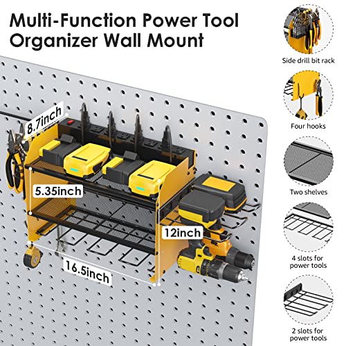 CCCEI Modular Power Tool Organizer Wall Mount Charging Station, Yellow 6 Drills Holder with 8 Plug Power Strip, Garage Drill Battery Heavy Duty Metal Shelf, Utility Rack with Hooks, Side Storage.