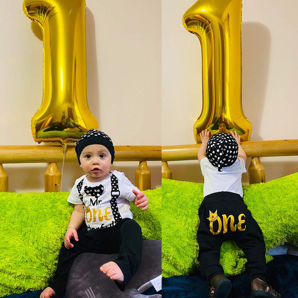 Baby First Birthday Outfit Boy Gifts Funny Bowtie One Year Old Boys Romper Bodysuit Set (12-18 Months) Black