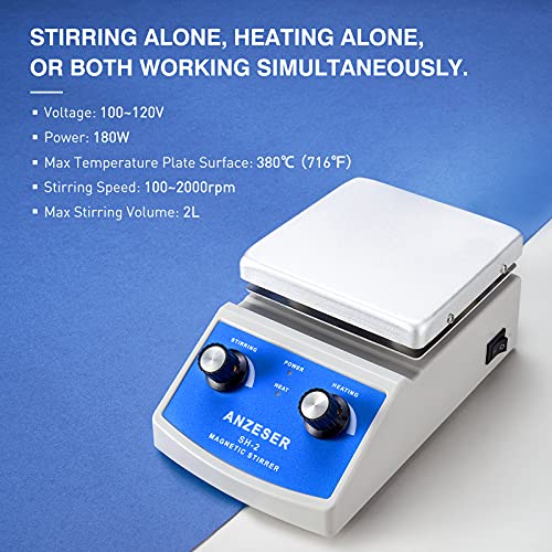 ANZESER Magnetic Stirrer Hot Plate, 100-2000rpm Magnetic Hotplate Stirrer, 180W Heating Power 716℉ Hot Plate Stirrer, 5×5 Inch Magnetic Stir Plate