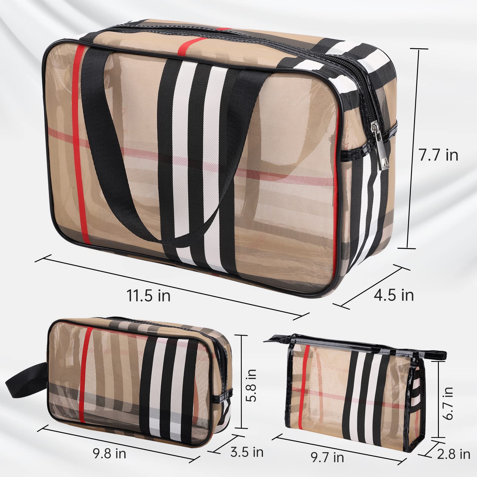 GOLIKEE 3Pcs Makeup Bags Stripes Cosmetic Bag Set Portable Transparent Waterproof Travel Organizer Multifunction Storage Bag Plaid Toiletry Bag for Women (Stripe)