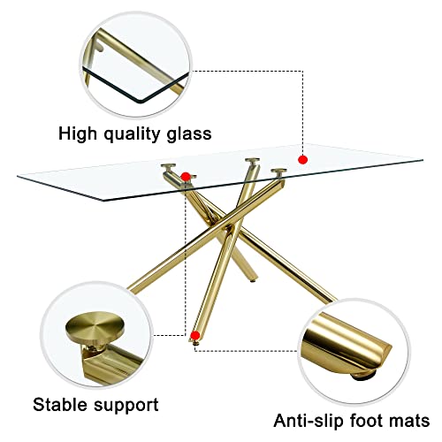 71inch Glass Dining Table for 6, Rectangle Kitchen Table with Golden Legs, Marble Texture Top Dining Table for 8, Dinner Dining Room Table for Home Kitchen Meeting Banquet
