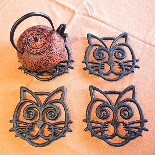 Cat Trivet - Black Cast Iron - for Kitchen & Dining Table - More Than One Makes a Set for Counter, Wall Art or Decoration Accessory - Housewarming & Cat Lover Gifts - 6.6 by 6.3 in