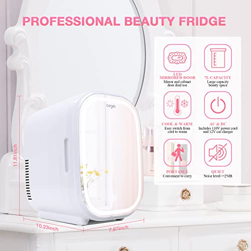 Cegsin Mini Fridge, 5 Liter/8 Cans Small Skincare Fridge with LED Mirror Door, AC/DC Portable Mini Refrigerator for Cosmetic & Makeup, Plug In Cooler and Warmer for Bedroom, Dorm, Office, Car(White)