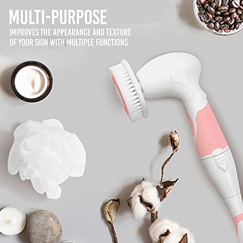 Brookstone 6 Piece Electric Body Bath Brush | Long Handled Body Scrubber and Facial Cleansing Brush | Battery Powered Shower Brush with 4 Spin Brush Heads