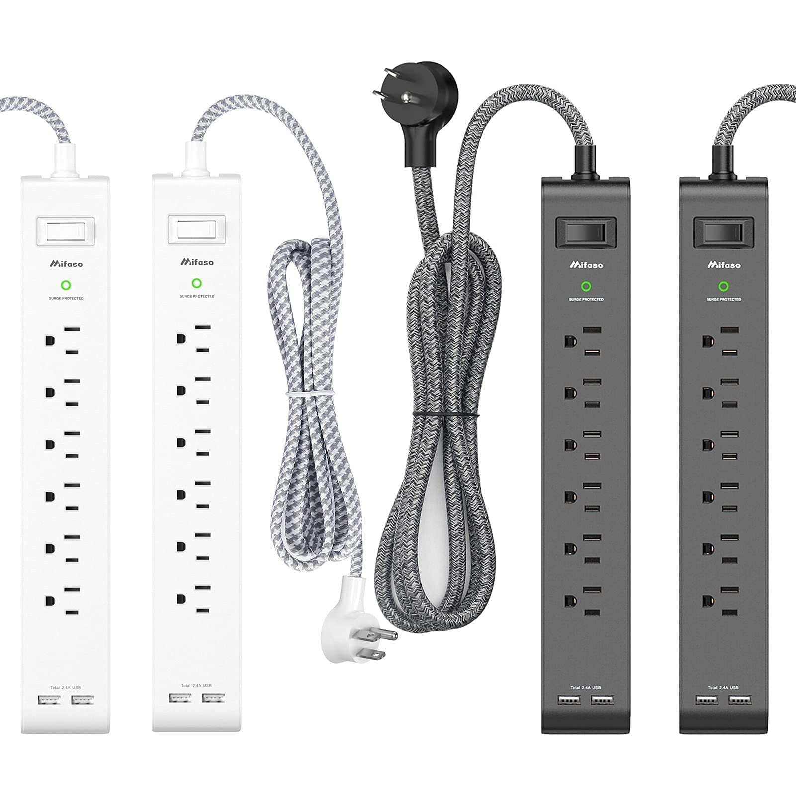 2 Pack Power Strip - 12FT Long Extension Cord, Surge Protector with 6 Outlets and 2 USB Charging Ports, Flat Plug Overload Protection, (1625W/13A/900J), Wall Mount for Home Office and Dorm, ETL Listed