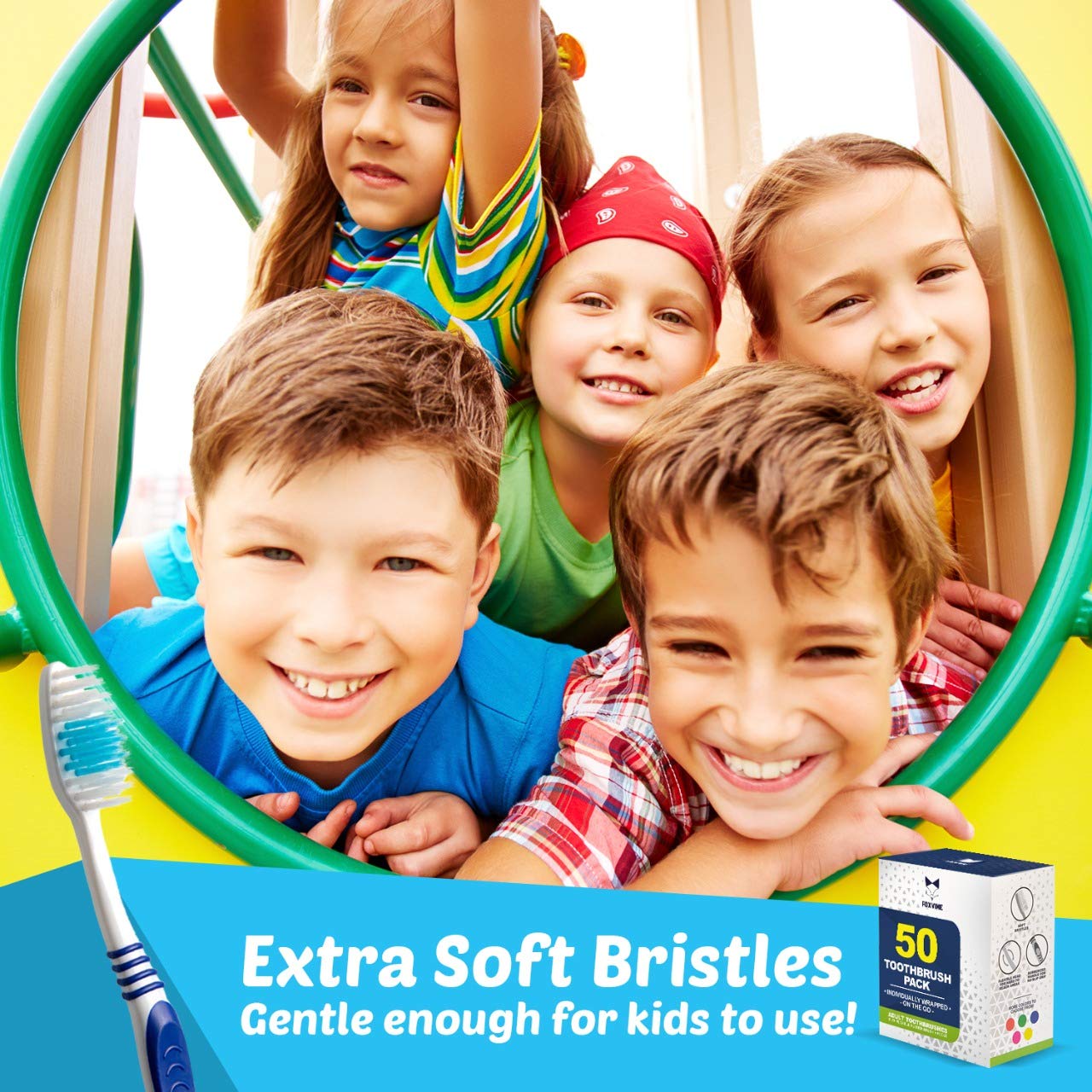 EcoFox Bulk Toothbrushes 50 Pack | Individually Wrapped Travel Toothbrush Set for Adults & Kids | Made with a Medium-Soft Large Brush Head | BPA-Free & Disposable!