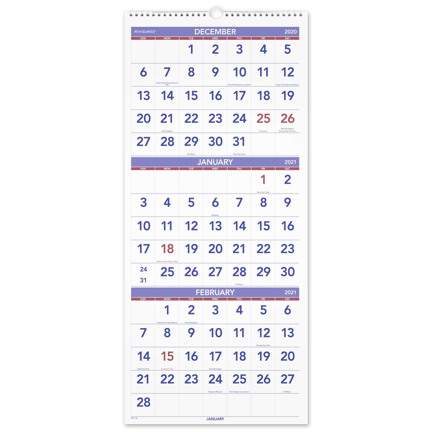 2021 Wall Calendar by AT-A-GLANCE, 12" x 27", Large, Vertical, 3-Month Reference, Wirebound (PM112821)