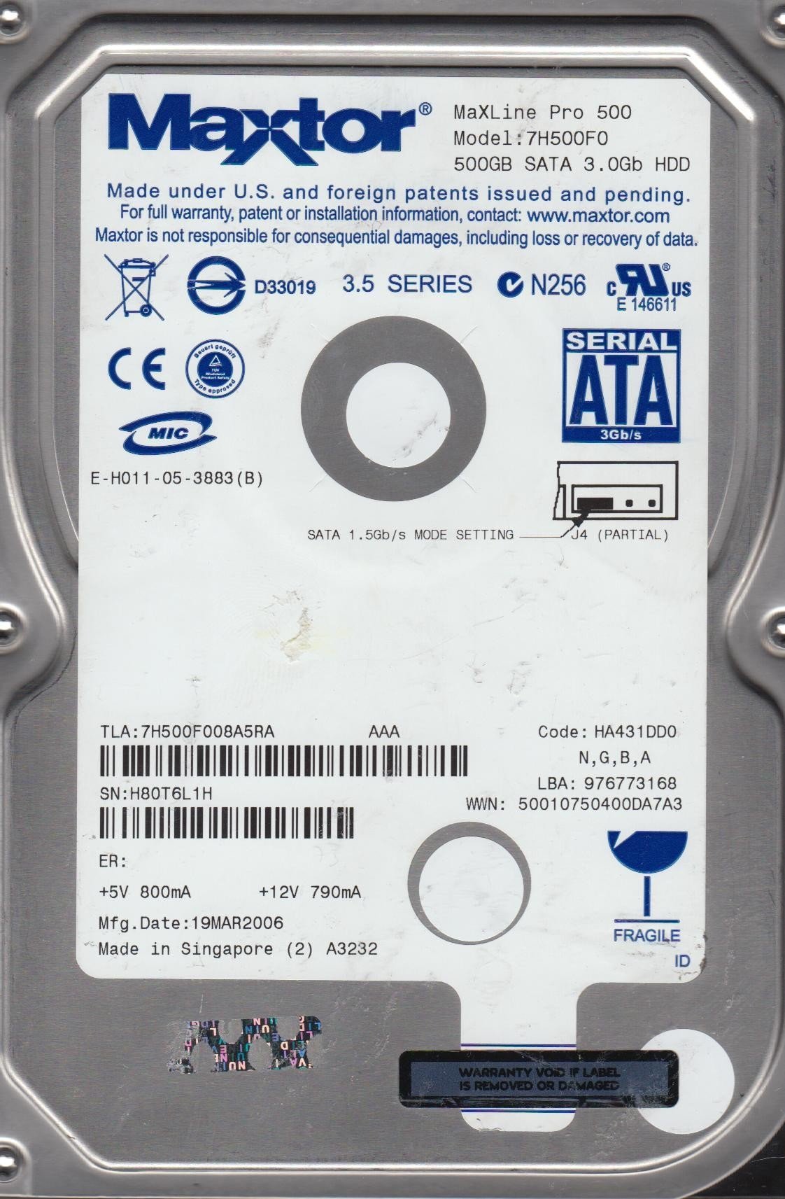 7H500F0, Code HA431DD0, NGBA, Maxtor 500GB SATA 3.5 Hard Drive